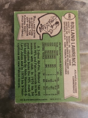 1978 Topps Football #490 ROLLAND LAWRENCE Atlanta Falcons- VG Condition ...