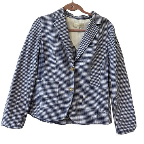 Talbots Womens 10 Blue & White Gingham Linen Blend One Button Blazer Preppy | eBay