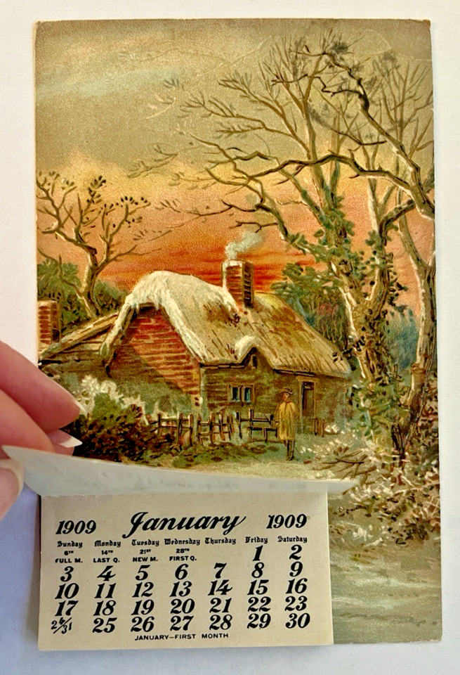 Novelty 1909 Calendar Attached Thatch Roof Cottage Snow Scene Vintage ...