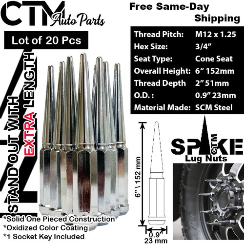 20Pc 6" TALL CHROME M12x1.25 XL SPIKE LUG NUT+KEY FIT NISSAN INFINITI ...