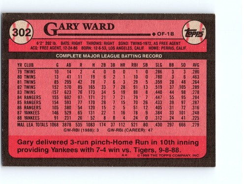 1989 Topps #302 Gary Ward New York Yankees | eBay