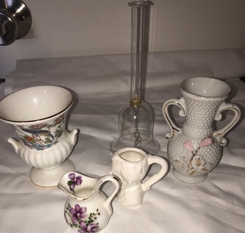 Lot Of 2 Miniature Pitchers, 2 Small Vases & 1 Clear Delicate Acrylic ...