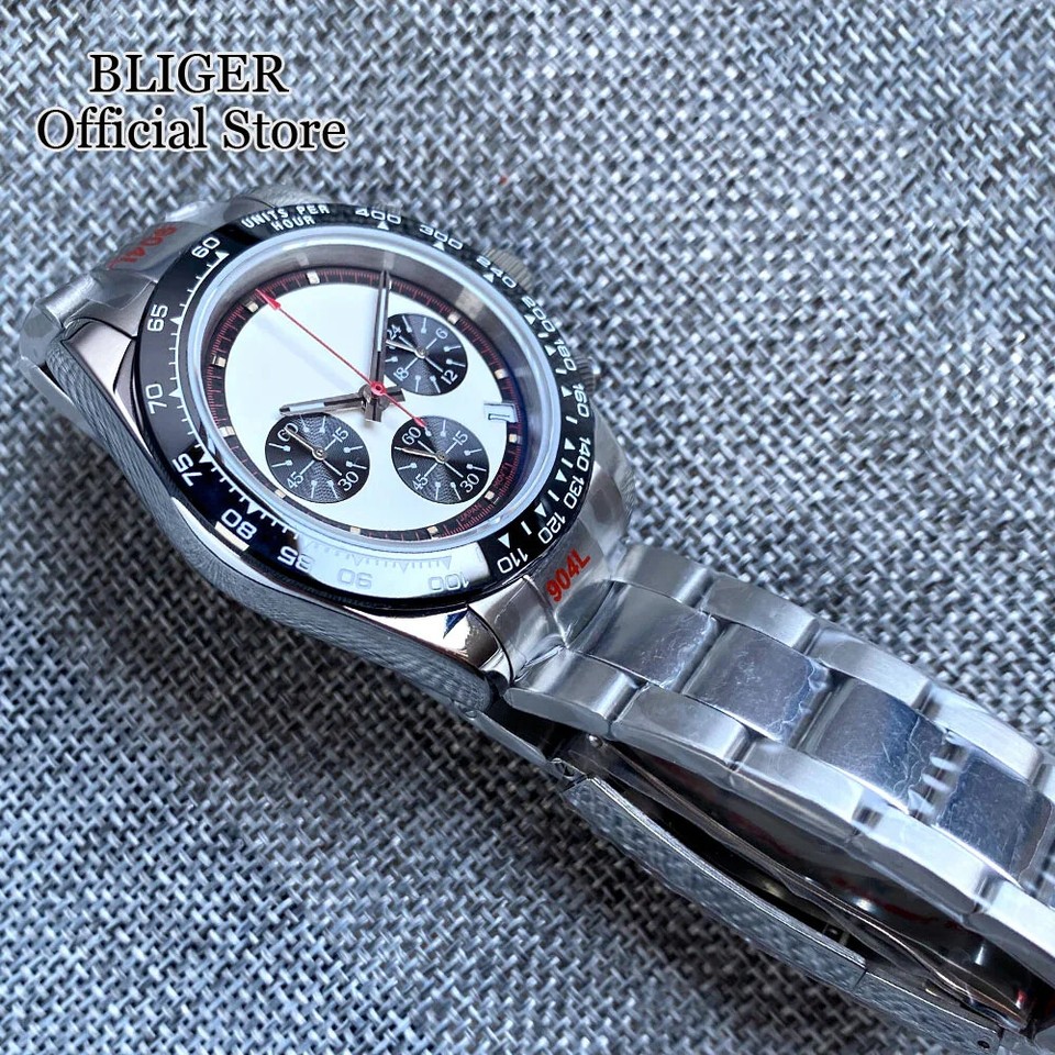 39mm Sterile White Black dial Red Second hand Full Chronograph Quartz ...