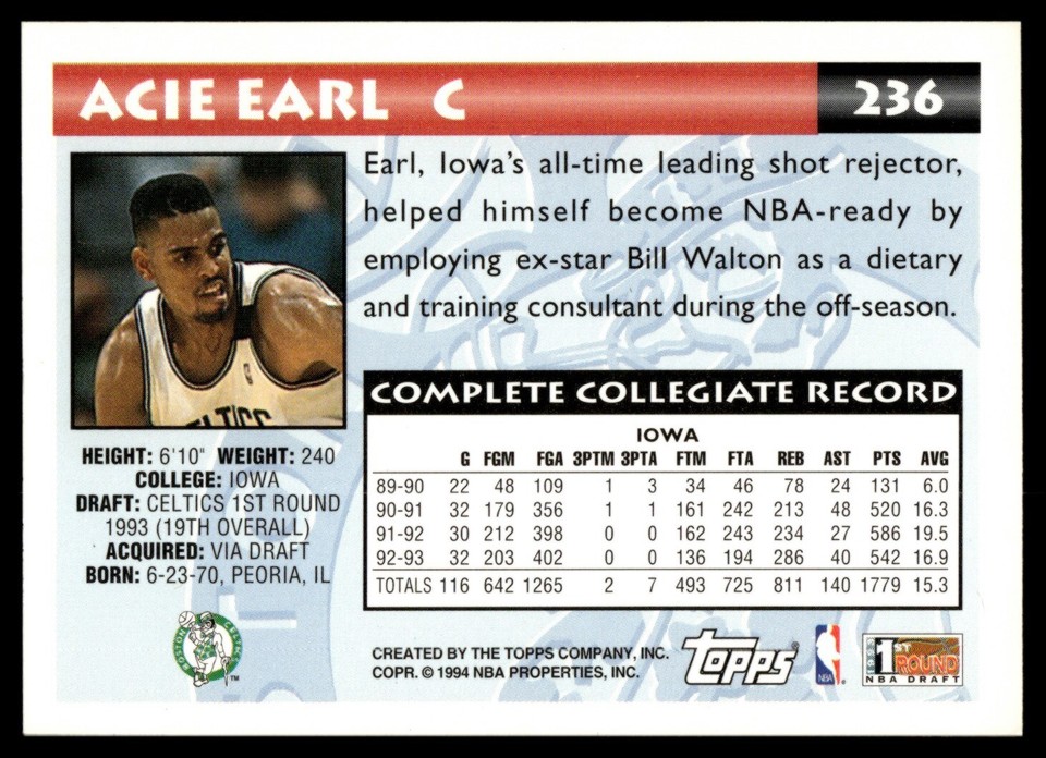 1993-94 Topps 1st Round Draft Pick #236 Acie Earl Rookie Boston Celtics ...