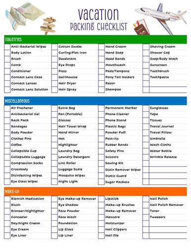 Vacation Travel Packing List Checklist - Double Sided - Don't Forget ...
