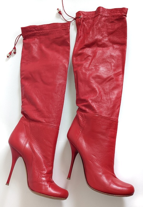 GIANMARCO LORENZI Red Leather Stiletto High Heels Over the Knee Boots ...