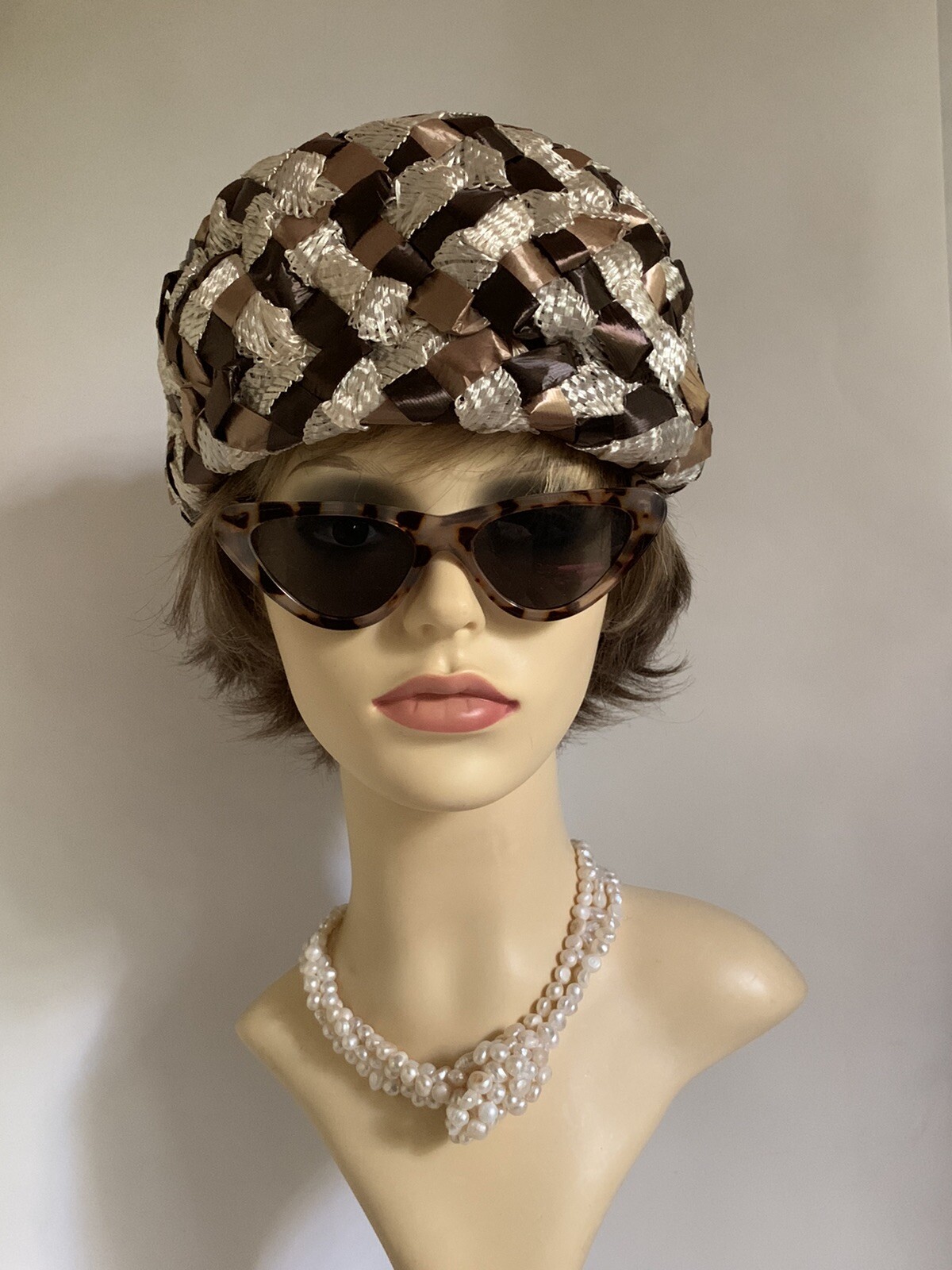 Vintage 1960s Brown & Ivory Turban Style Woven Stiff Polyester Hat 21 ...
