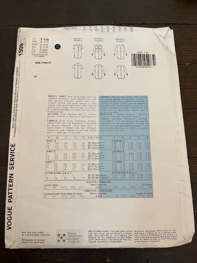 Vogue Calvin Klein 1509 Vtg 80s Misses Very Loose Fitting Shirt Buttons ...