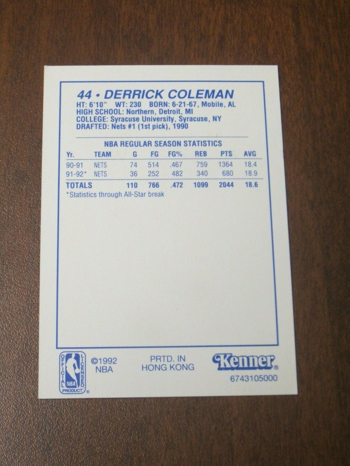 DERRICK COLEMAN 1992 KENNER STARTING LINEUP CARD - NEW JERSEY NETS | eBay