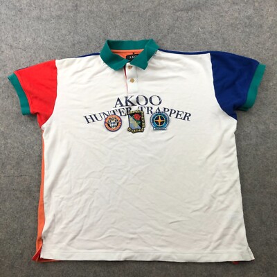 AKOO Polo Shirt Mens XL Orange Blue Spell Out Embroidered Patch Spell ...