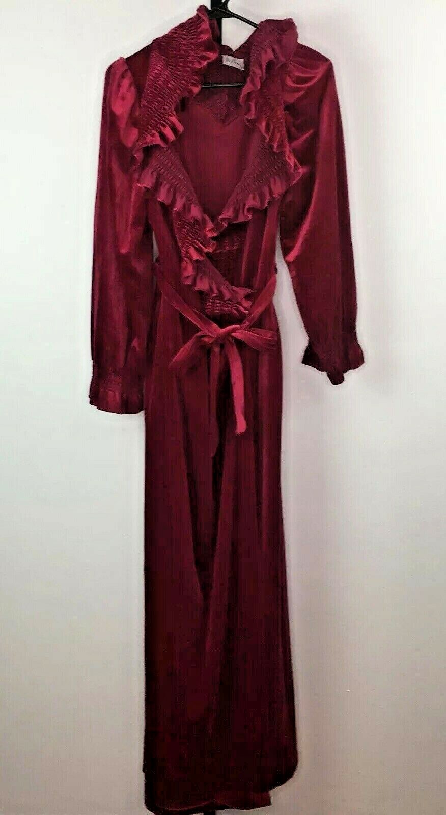 Vtg 70s Miss Elaine Long Velour Robe Burgundy Red Ruf… - Gem