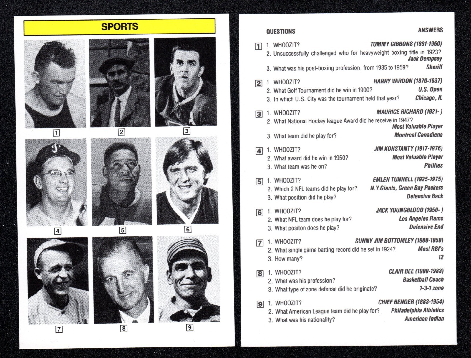 Emlen Tunnell Clair Bee Chief Bender Harry Vardon Vintage Sports Trivia ...