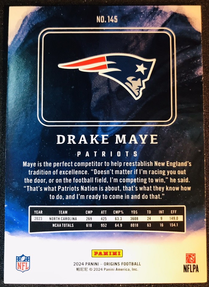 2024 Origins Football Drake Maye Color Match Base RC !! Patriots !! | eBay