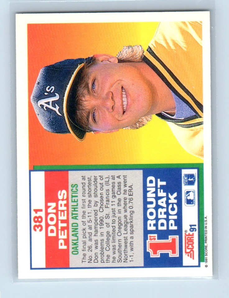 1991 Score Straight from the Pack Don Peters Rookie Oakland Athletics ...