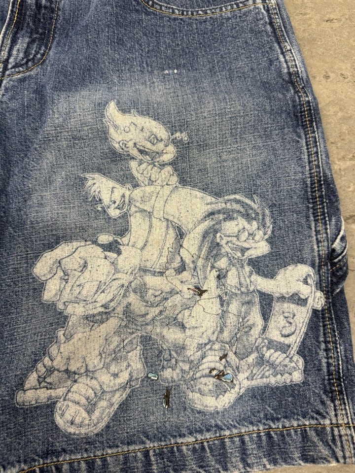 VTG Y2K Flamehead Denim Shorts Wide Leg Baggy Jnco Jorts Boys 18 (31) | eBay