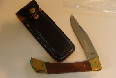 Pakistan Folding Knife stainless brass wood leather sheathe 11" / 5 ...