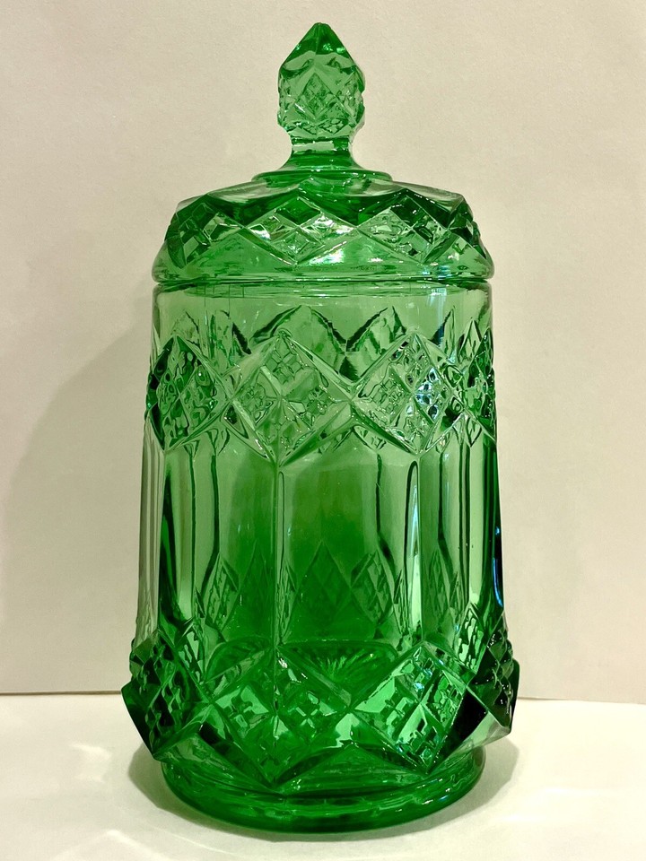 Imperial Glass Covered Jar Diamond & Panel Pattern 3 In 1 Helios Green ...