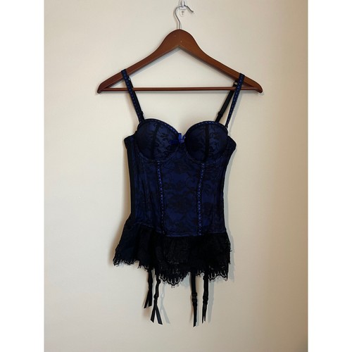Baci Corset Bustier Royal Blue Black Lace Overlay Boning Garter Straps ...