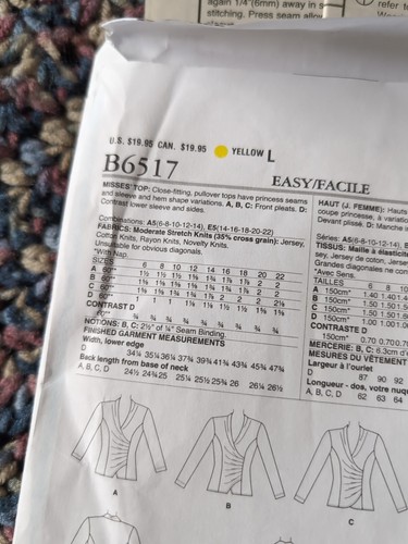 Uncut Butterick Sz 14-22 Easy Close-fitting Pullover Tops Pattern 6517 ...