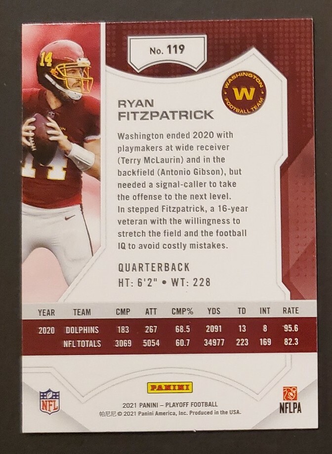 2021 Playoff #119 Ryan Fitzpatrick COMMANDERS Kickoff Green Parallel ...