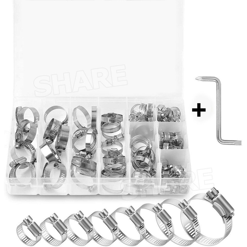 91pcs Stainless Steel Hose Clamps Clips Range Worm Gear Pipe Clamp Kit ...
