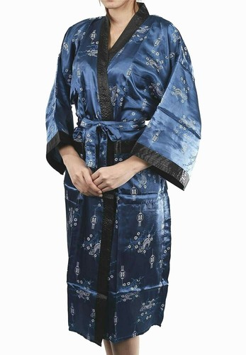 Mens / Womens Kimono Bath Robe Satin Dark Blue Asian Dressing Gown ...