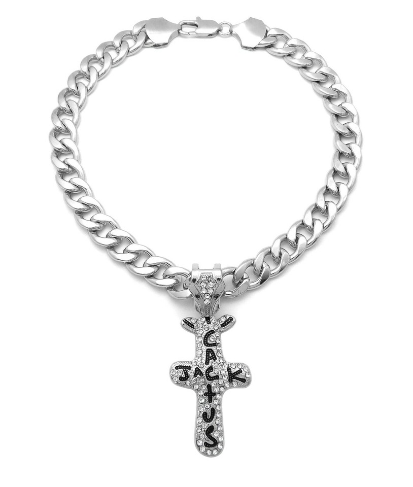 Travis Scott Cactus Jack Cross Silver Pendant 18" 20" 24" Cuban Chain ...