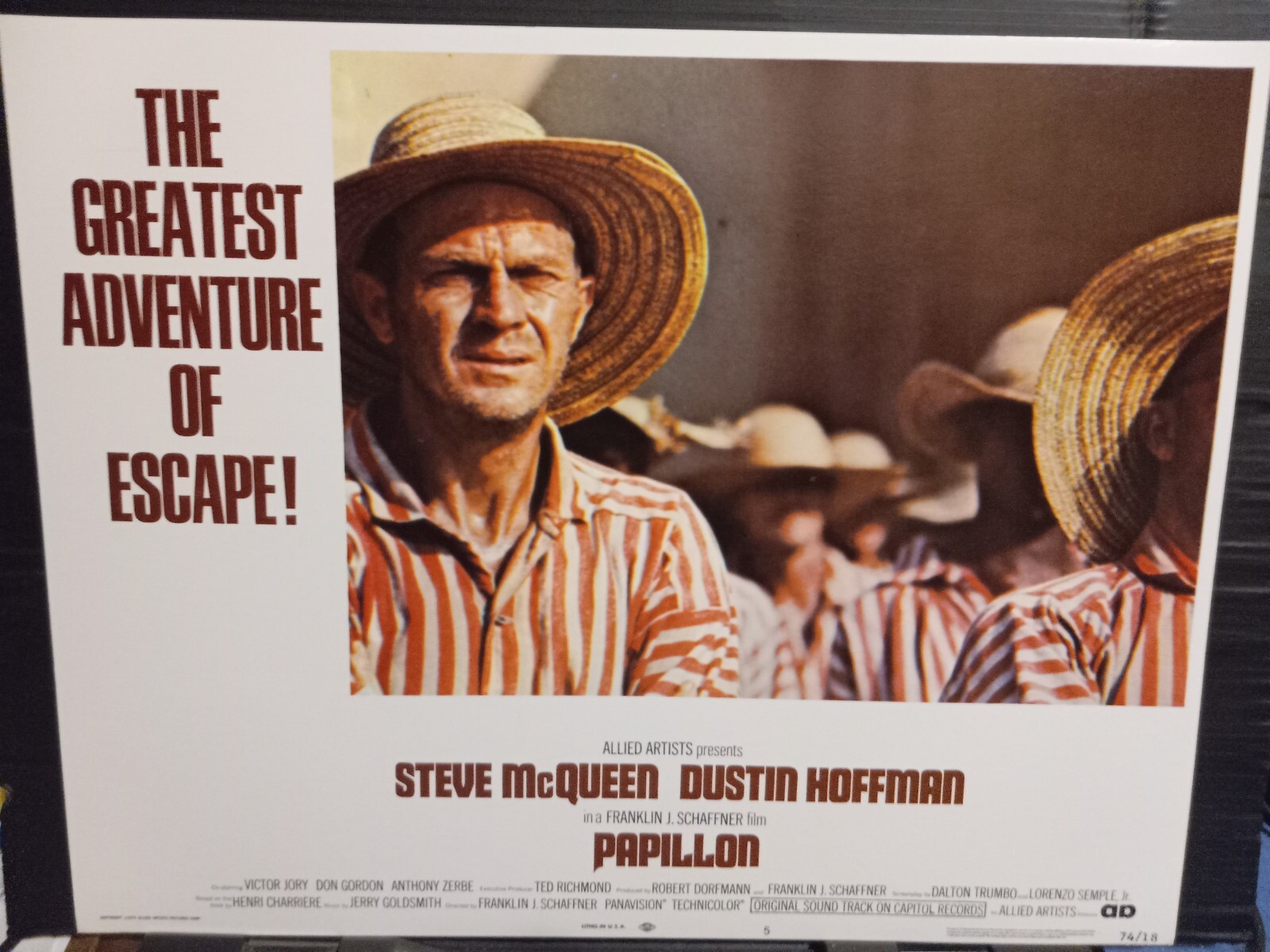 Lobby Card 1974 PAPILLON prisoner Steve McQueen straw hat on Devil's ...