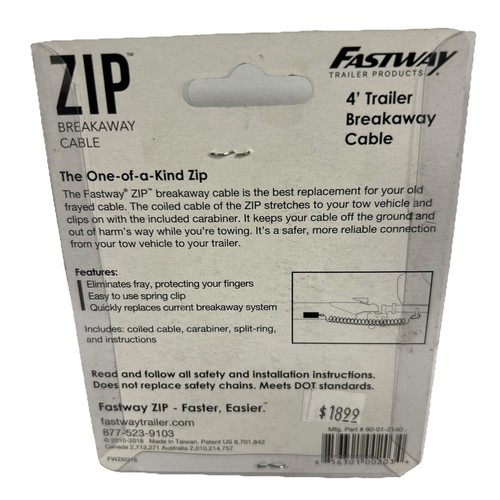 FASTWAY ZIP 4' Coiled Trailer Emergency Breakaway Cable No Drag Spiral ...