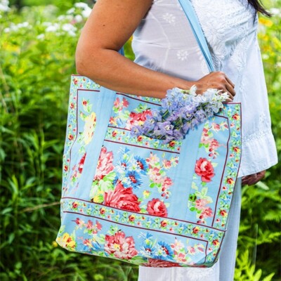 April Cornell Cottage Rose Market Bag Tote Purse 100% Cotton Sky Blue ...