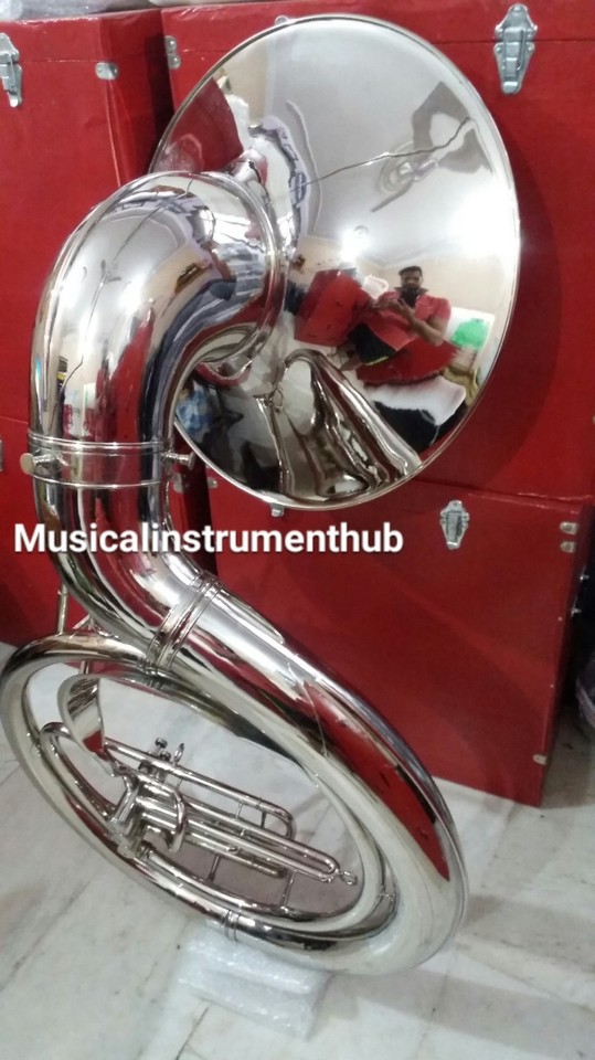 TUBA SOUSAPHONE 25"BELL PURE BRASS METAL IN SILVER POLISH + FREE CASE ...