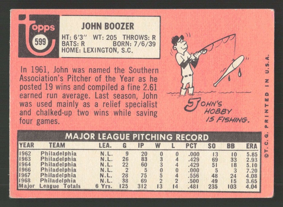 John Boozer 1969 Topps #599 Phillies VG-EX {0526 | eBay
