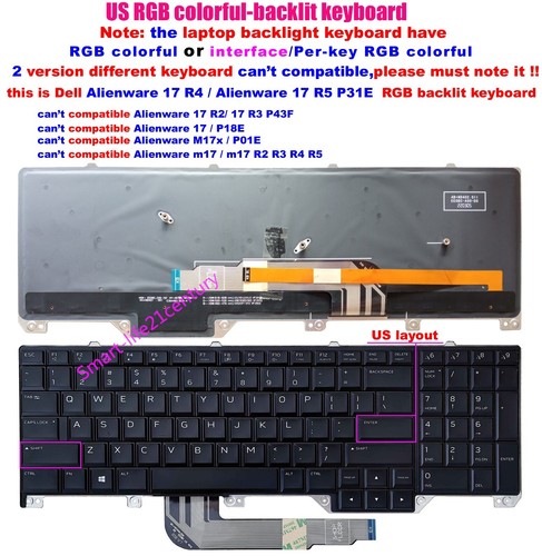 Backlit US Keyboard For Dell Alienware 17 R4 17 R5 P31E NSK-EE1BC 01 ...