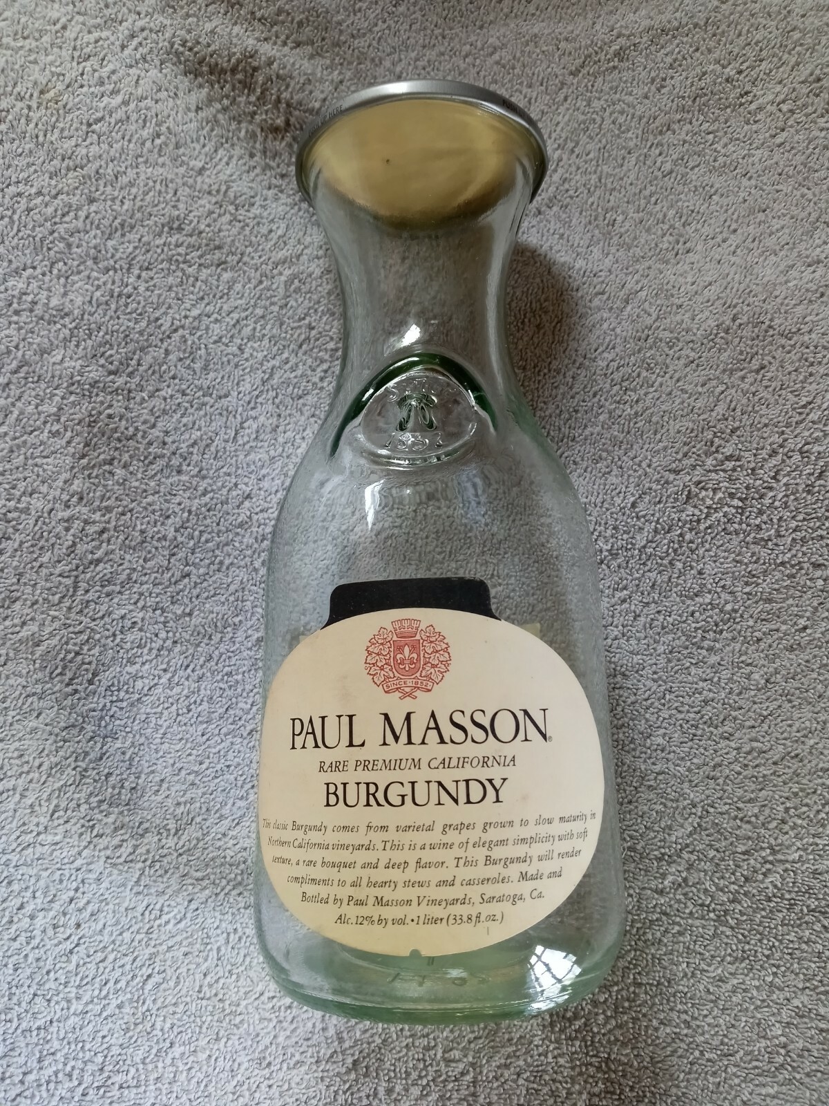 Vtg Paul Masson Glass Burgundy Wine Bottle Lid The California Carafe ...