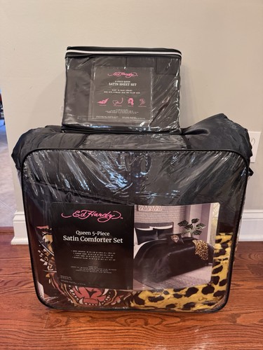 Ed Hardy Queen 5 Piece Satin Comforter Set & 6 Piece Black Satin Sheet ...