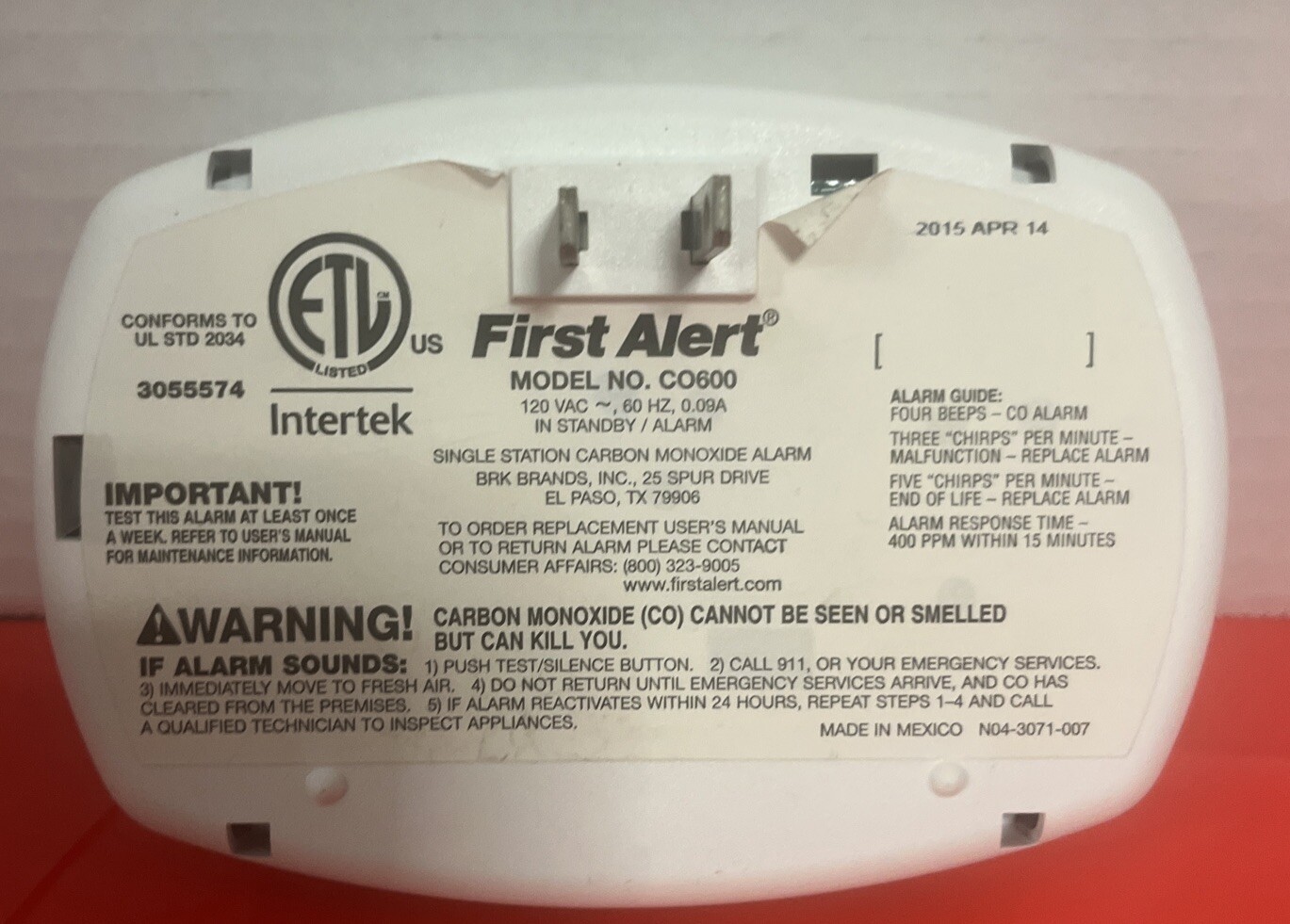 First Alert CO600 Plug-In Carbon Monoxide Alarm 689737949853| eBay