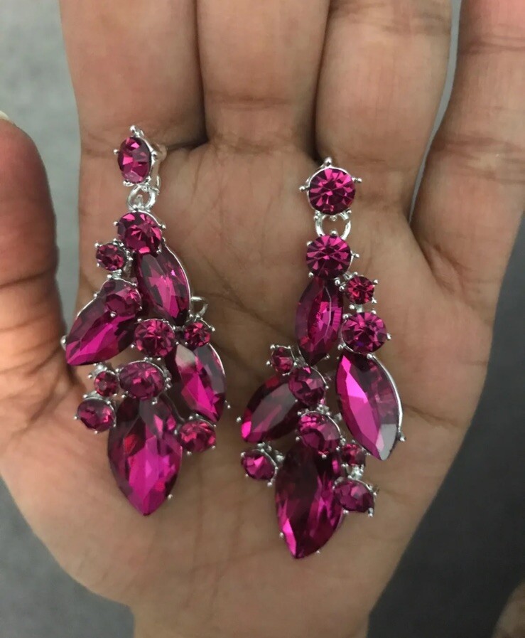 Pink Fuchsia Earrings Dangle Pageant Rhinestone Crystal Large | eBay