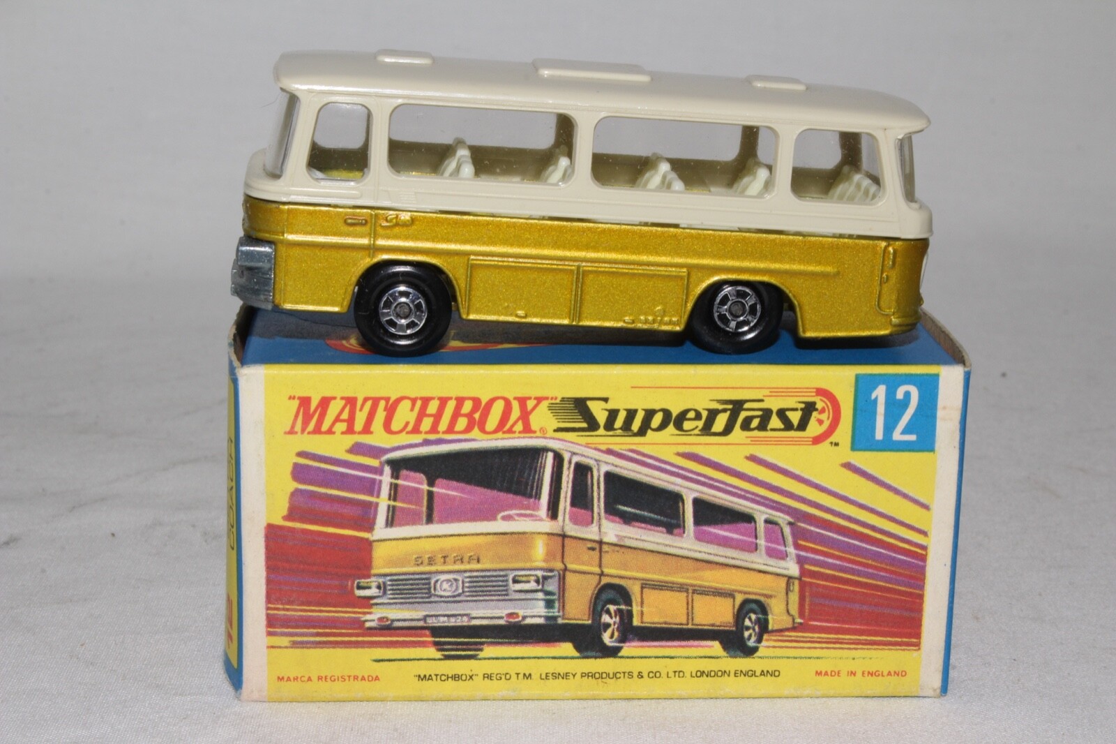 MATCHBOX SUPERFAST #12 SETRA COACH BUS, GOLD, CLEAR WINDOWS, NICE ...