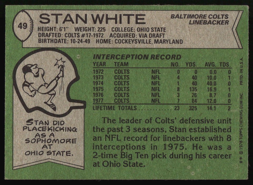 1978 Topps Stan White #49 Baltimore Colts L2 | eBay