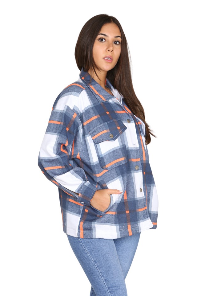 Women Ladies Fleece Casual Jacket Shacket Check Collared Girls Top ...