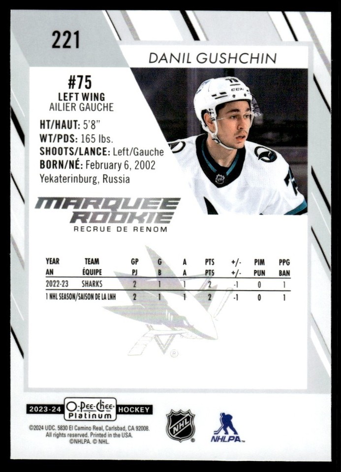 2023-24 O-Pee-Chee Platinum Marquee Rookies Danil Gushchin RC #221 ...