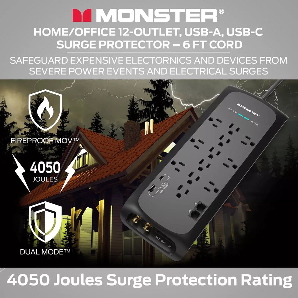 Monster Black Heavy Duty Surge Protector Power Strip 6 ft Cord with 12 ...