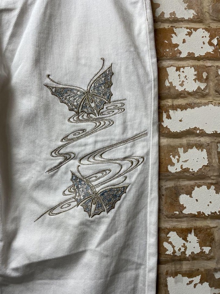 Karakuri tamashii size 32 White Denim Embroidery Japanese Pattern Batto ...