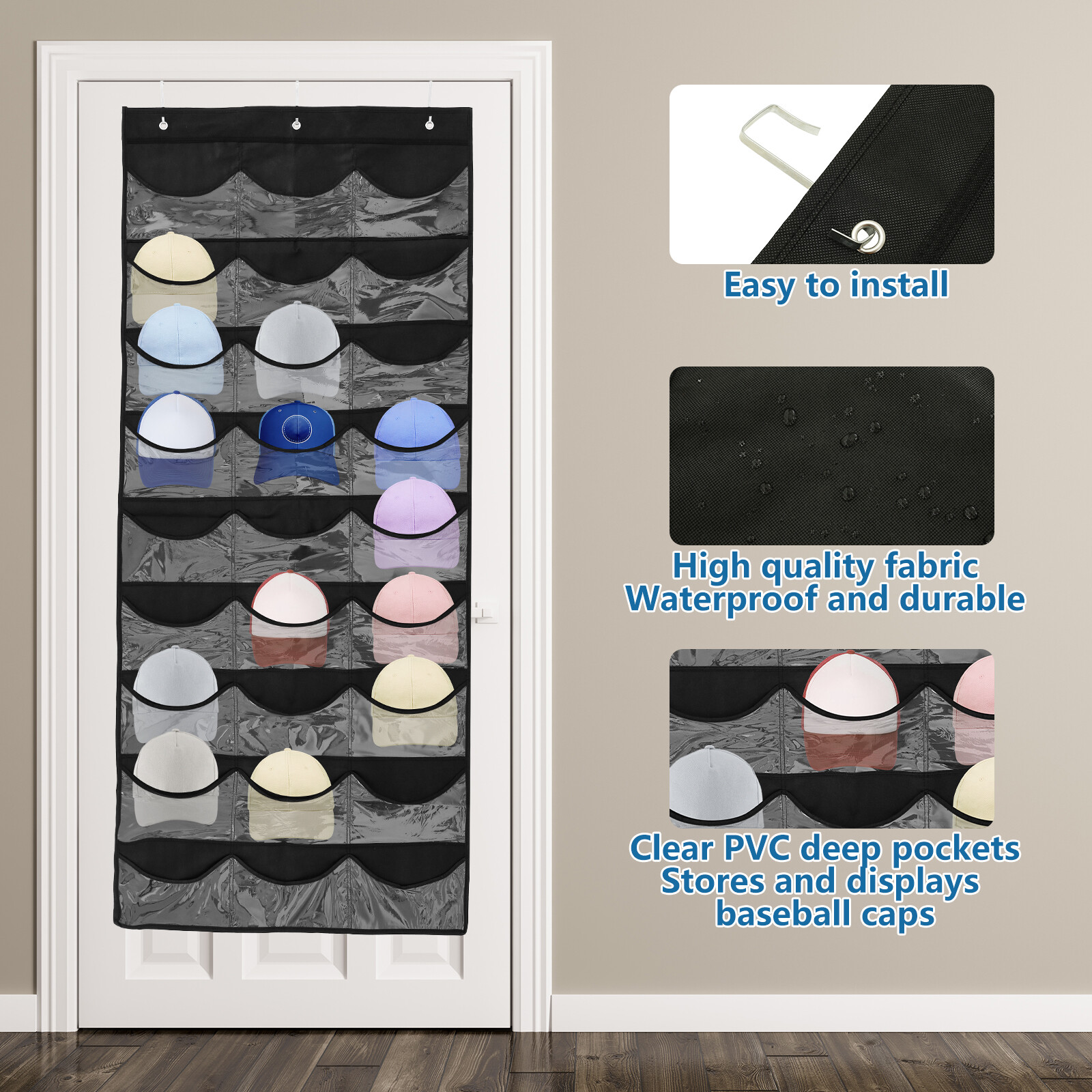 Hat Rack for Baseball Caps 27 Pockets Over the Door Baseball Hat ...