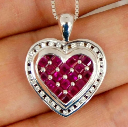 2Ct Princess Cut Red Ruby Diamond Heart Pendant 14K White Gold Plated ...