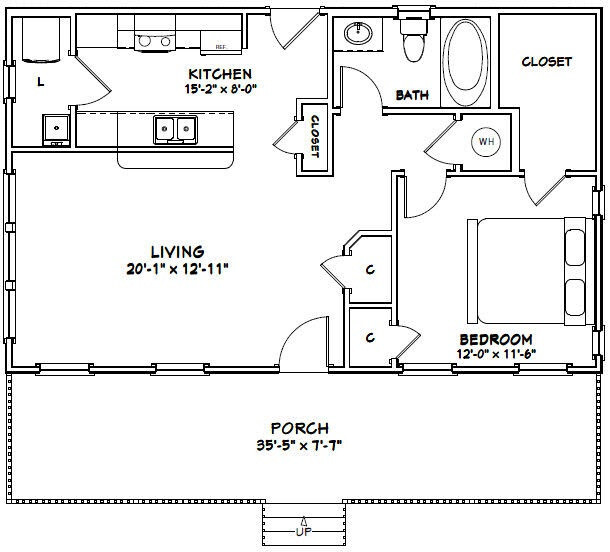 36x22 House -- 1 Bedroom 1 Bath -- 790 sq ft -- PDF Floor Plan -- Model 1 | eBay