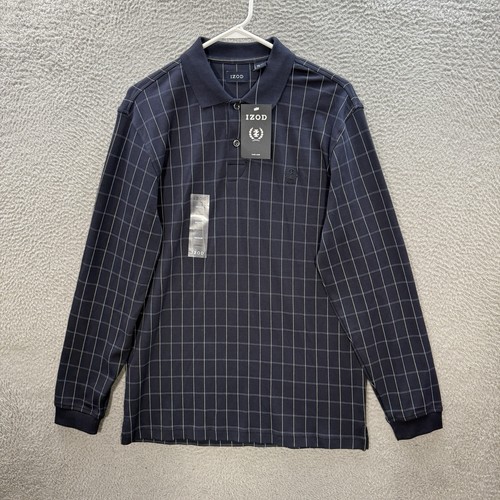 Izod Shirt Adult Medium Blue Windowpane Plaid Cotton Interlock Polo ...