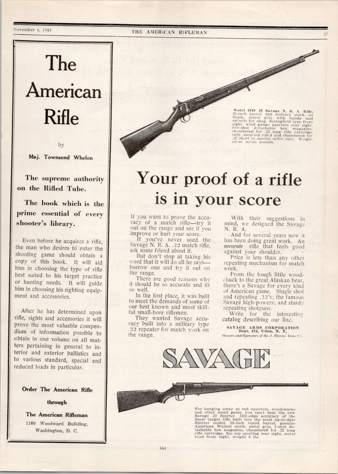 1923 Print Ad * Savage Arms Corporation Model 1919 Savage 22 NRA | eBay