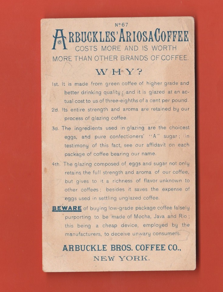VINTAGE ARBUCKLES ARIOSA COFFEE NO 67 TRADE CARD | eBay