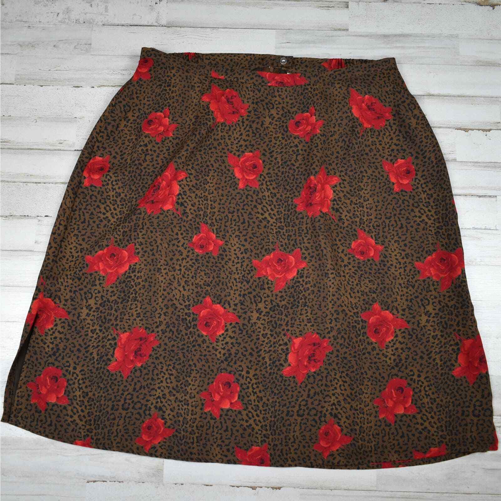 Rare brown leopard print & red roses knee length skir… - Gem